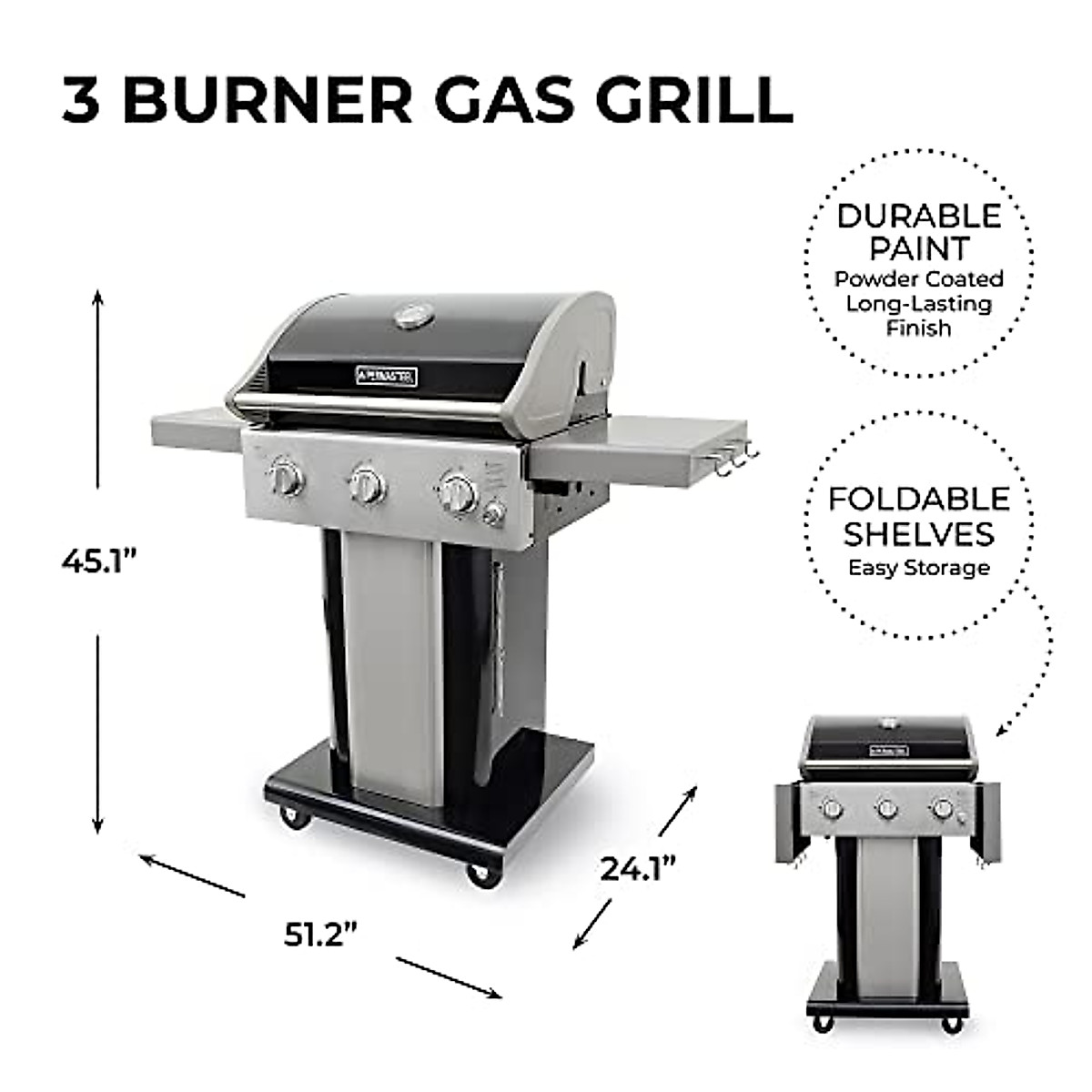 Permasteel 3-Burner Gas Grill | Cast Iron Cooking Grates, Grilling Tools Holder, Foldable Sides, PG-A40301-BK, Pedestal Style, 30000 Total BTUs - Black