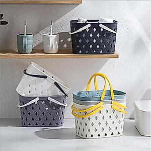 JiatuA Plastic Organizer Storage Basket with Handles, Woven Storage Bins for Bathroom, Kitchen, Closet, Bedroom (Light Gray)