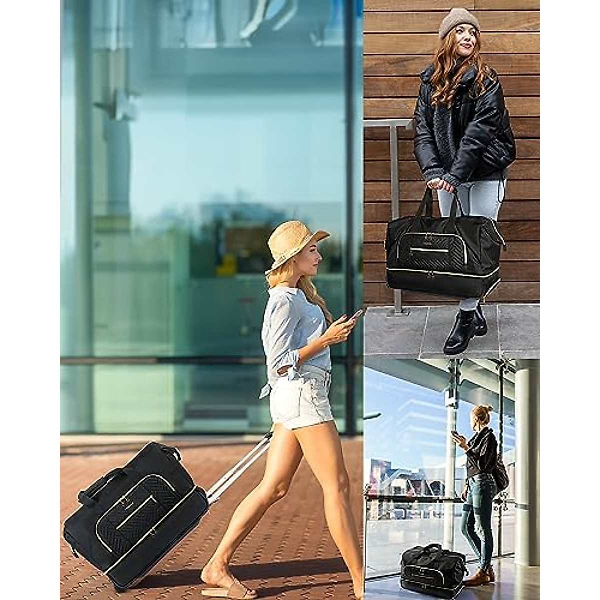 Rolling Duffle Bag with Wheels 21", BAGSMART Carry-on Luggage Large Travel Bag with Shoes Compartment, Weekender Overnight Bag for Travel, Business Trips(Black)