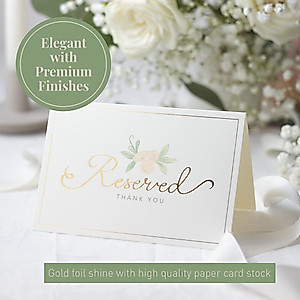 Rileys & Co 25 Pack White and Gold Reserved Table Signs for Wedding Receptions, Parties, and Events, Double Sided Golden Foil Print and Elegant Floral Design, 4x6 Inches