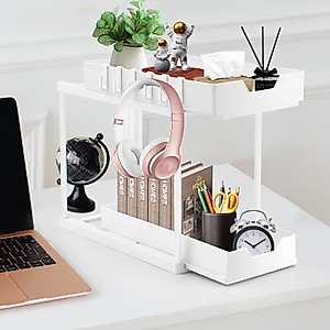 2-Tier Under Sink Organizer Storage, Double Sliding Under Cabinet Basket Organizer with 2 Pull Out Drawers & 4 Hooks, Multi-Purpose Under Shelf Organizer for Bathroom Kitchen (White, 2 Pack)