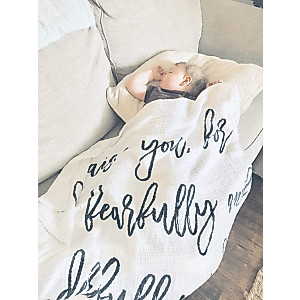 mama bee's Homestead Supply 100% Organic Cotton Muslin "Fearfully & Wonderfully Made” Scripture - Christening, Baptism, Rainbow Baby Blanket, Child of God Swaddle Blanket - Wall Tapestry 47”x47"