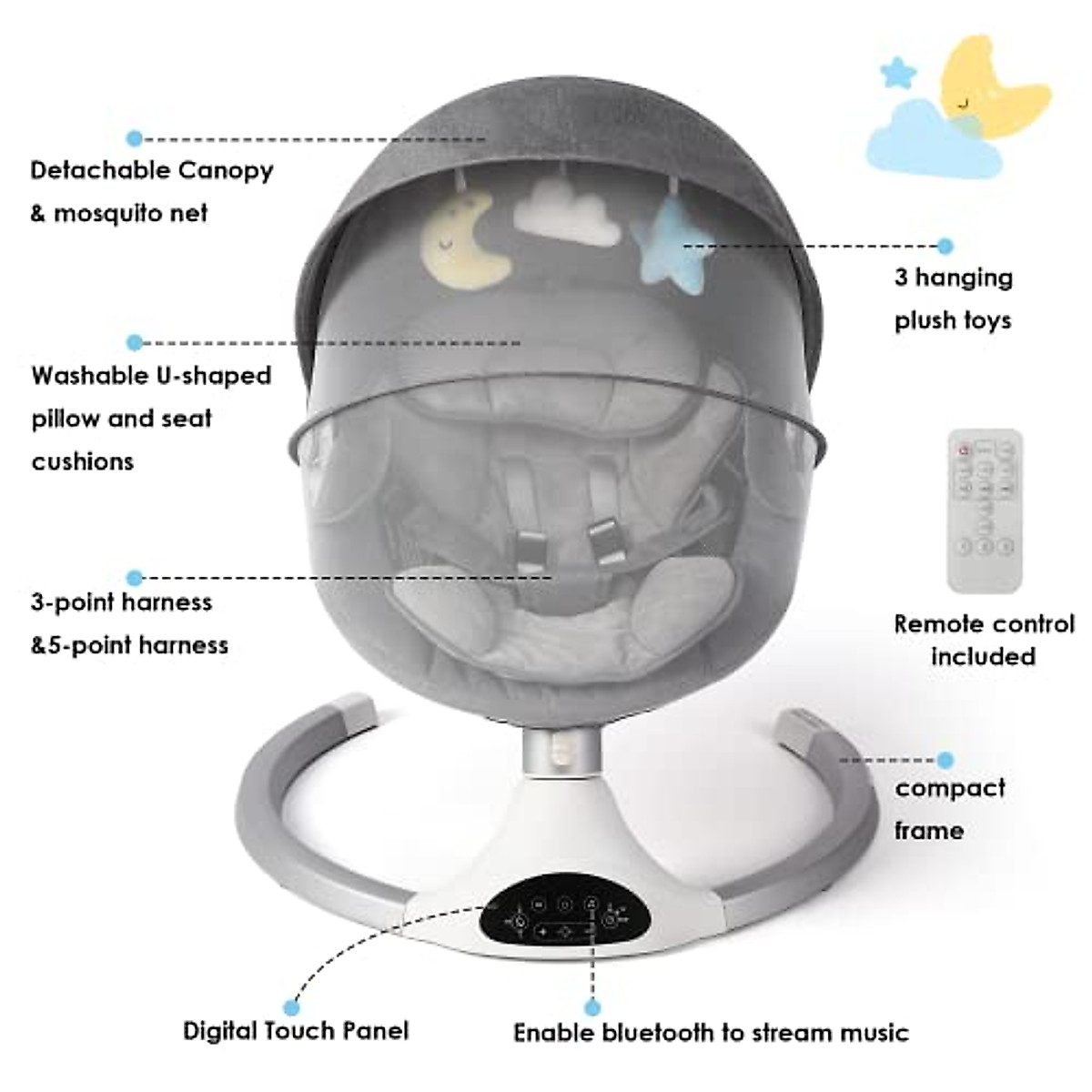 Baby Swing for Infants, Baby Rocker with 5 Point Harness, Bluetooth Support Baby Swing, 10 Preset Lullabies. 3 Speed Natural Baby Swing, Infant Swing with Remote Control and 3 Hanging Toys