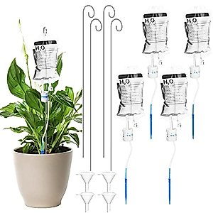 4 Pcs Plant Self Automatic Plant Watering System 350ml Plant Irrigation Drip Bag with Metal Support Rod Self Watering Devices Small Funnel for Indoor Outdoor Home Garden Potted Plants Flowers Watering