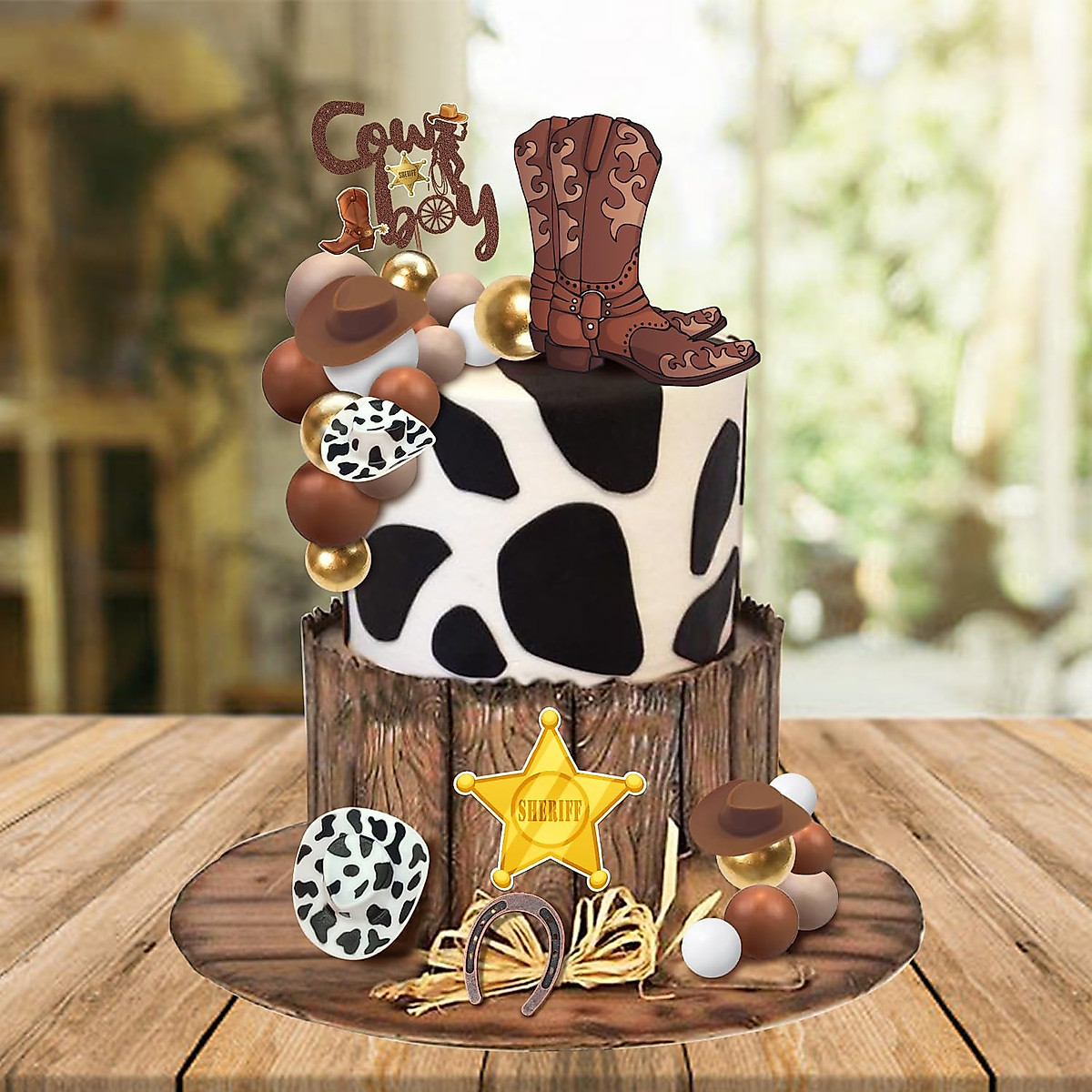 28 Pcs Cowboy Cake Decorations Cowboy Hat Boot Horseshoe Sheriff Badge Ball Cake Toppers Western Cowboy Birthday Baby Shower for Western Theme Party Favors Supplies