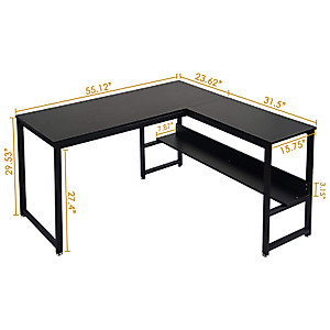 NSdirect L-Shaped Desk,Corner Computer Desk for Home Office Black Large L Desk for Gaming Big Table with Bookshelf,Space-Saving Workstation,Black