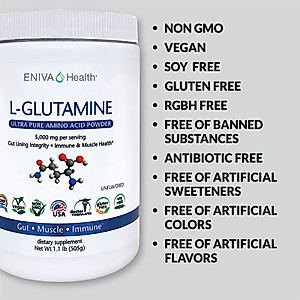 Eniva Health L-Glutamine Pure Powder, Unflavored (101 Servings) | Vegan, Gluten-Free, Sugar-Free, Non-GMO | Doctor-Formulated, USA Made | Gut Health, Leaky Gut, Bloating, Muscle Health, Immune System