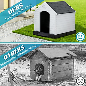 Chew Proof Dog House with Metal Iron Frame Outdoor Dog Kennel for Small Medium Large Indoor Dog Cage with Air Vents and Raised Floor (Grey, 27''L*25''W*28''H)