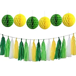 Autupy 26PCS Yellow Green White Party Decorations Yellow Green Party Pom Poms for Bachelorette Engagement Birthday Wedding Baby Bridal Shower Anniversary Garden Tea Party Supplies