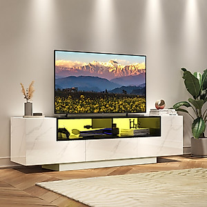 HOMFAMILIA 70in LED TV Stand for 75 Inch TV, Large Gaming Entertainment Center with Storage Cabinets and Open Shelves, Modern TV Console for Living Room, Bedroom(White Marble)