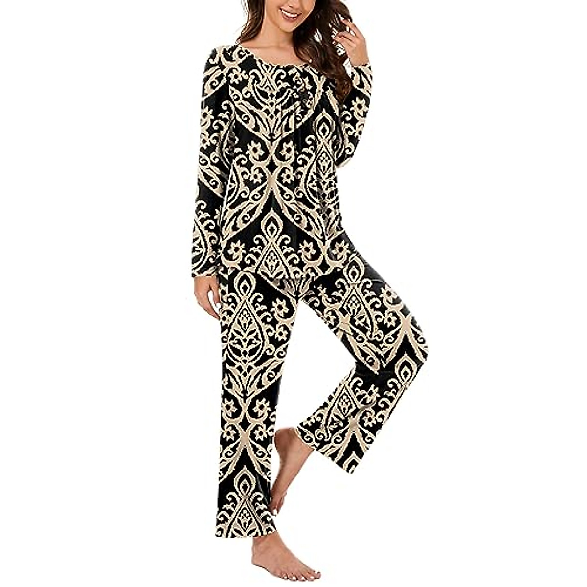 Bestbee Womens Pajama Set, 2 Piece Lounge Outfits Pleated Sleepwear Sets Long Sleeve With Pockets Ladies Pjs, L, Floral Khaki-black