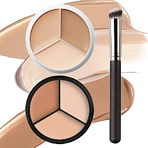 Alisesun 2 Pcs Tri-Color Concealer, 3 IN 1 Color Correcting Concealer Cream with Brush, Face Cream for Contour & Highlight, Conceals Dark Circles Blemish, Moisturizing & Long Lasting (01#+04#)