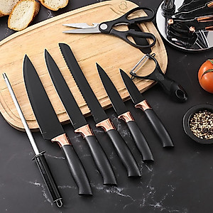 Knife Set, 9Pieces Stainless Steel Non Stick Kitchen Knife Block Set, Sharp Cutlery Knives Set with Sharpener Knives Set with Rotatable Storage Stand Scissors (Black)