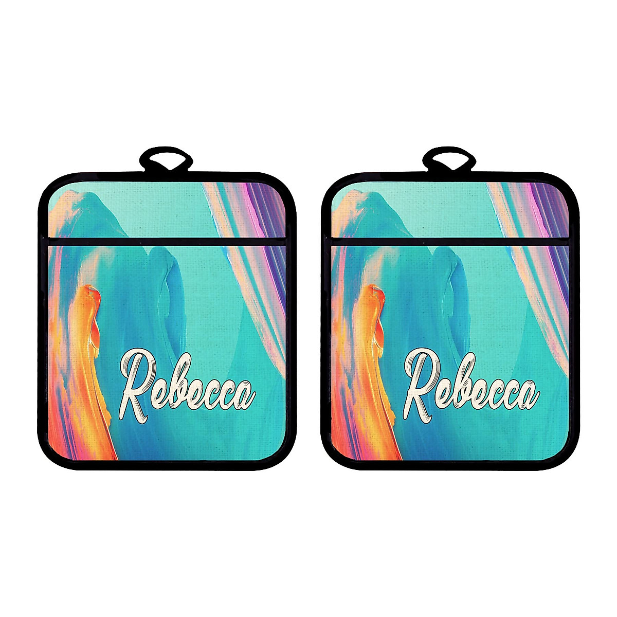 Bleu Reign Oven Mitt and Potholder Set Personalized Custom Name Splattered Bright Colors Watercolor Paint Wave Linen