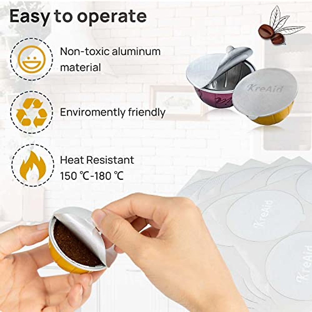 KreAid 100 Pack Reusable Aluminum Foils Lids Compatible with Nespresso VertuoLine Capsules to Reuse Vertuoline Coffee Pods Aluminum Foil Lids Seals for Refillable Pods
