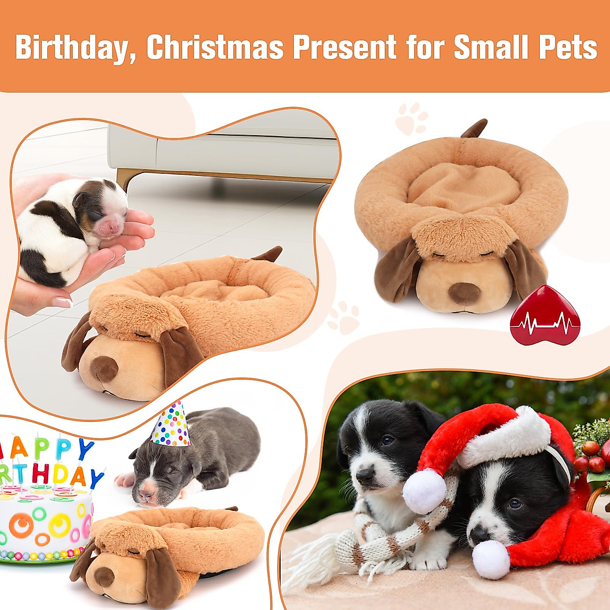 vocheer Heartbeat Puppy for Dogs Bed Anxiety Relief Plush Stuffed Animal Dog First Aid Kit with 1 Heating Pack,Small Size, 17 * 13.8", Light Brown
