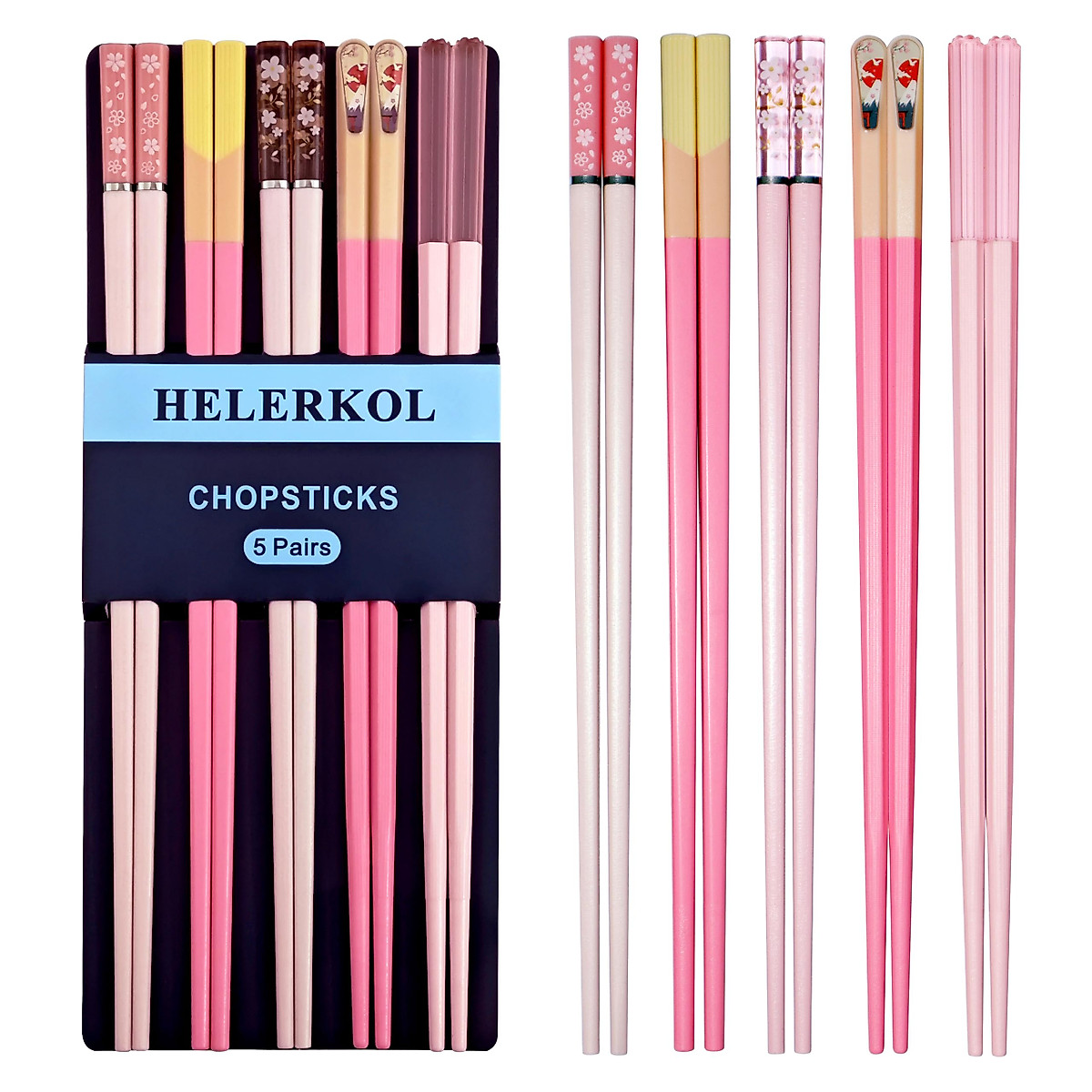 5 Pairs Fiberglass Chopsticks Pink Japanese Korean Chopsticks Reusable Non-Slip Chopsticks Dishwasher Safe, 9.6 Inches Long, 5 Patterns