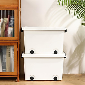 GUMEIGODA 23 Qt Latching Storage Bin,Stackable Bin with Wheels and Latching Lids，Removable Storage Containers, Clothes Bins Storage for Closet Organization,Thickened Plastic，White，3-Packs (white, 3M)