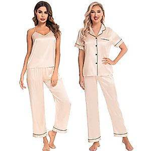 SWOMOG Womens Pajamas Satin 4 Piece Sleepwear Cami Tops And Ruffle Shorts Silk Long Pajama Pants Soft Summer Loungewear Pjs Champagne