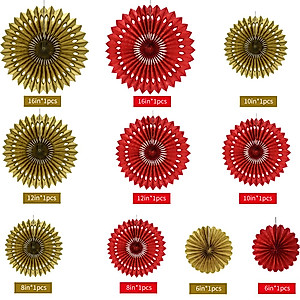 BEISHIDA Red Gold Hanging Honeycomb Round Paper Fans Decoration Wedding Theme Tissue Paper Fan Garland for Birthday Anniversary Bachelorette Graduation Party Christmas New Years Supplies（10packs）
