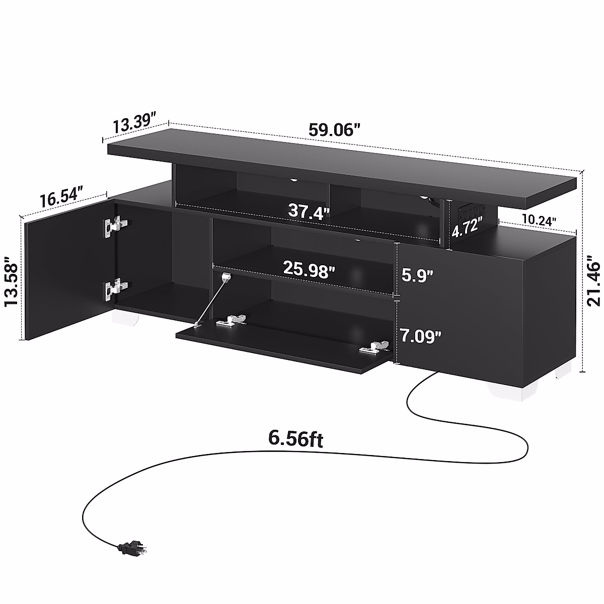 Modern TV Stand with Power Outlet, TV Console with LED Lights, TV Stand for 65 inch TV, Gaming Entertainment Center with Storage Cabinet and Large Storage, TV Stands for Living Room, Bedroom, Black