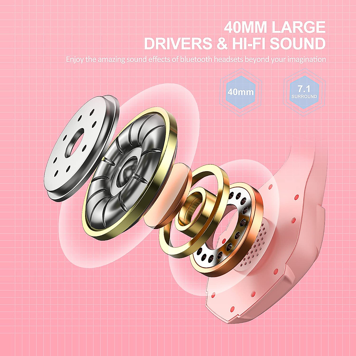 PHOINIKAS PS5 Gaming Headset for PS4, PC, Switch, Q10 Xbox One Headset with Stereo Sound, Detachable Mic, Wireless Bluetooth 5.3 Headphone only for Laptop/Phone/Tablet, 40H Plyatime (Pink)