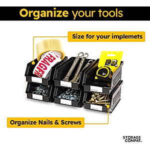 50 Pack Small Storage Bin, Wall Mount Storage, Hanging and Stacking Bin, Freestanding | 7” x 4” x 3” Plastic Container | Black | Zeus 1PLZ06 | StorageCompat