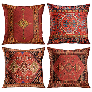 Britimes Throw Pillow Covers Geometric Kilim Moroccan Home Decor Set of 4 Oriental Ikat Pillow Cases Living Room Decorative 18 x 18 Inches Cushion Couch Sofa Pillowcases Colorful Red Tribal