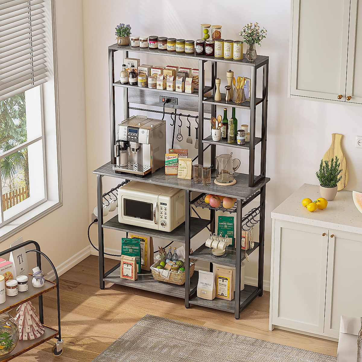 SUPERJARE Large Bakers Rack with Power Outlets, 6-Tier Microwave Stand, Coffee Bar with 12 S-Shaped Hooks, Kitchen Shelf with Wire Basket, 39.3 x 15.5 x 66.9 Inches, Charcoal Gray