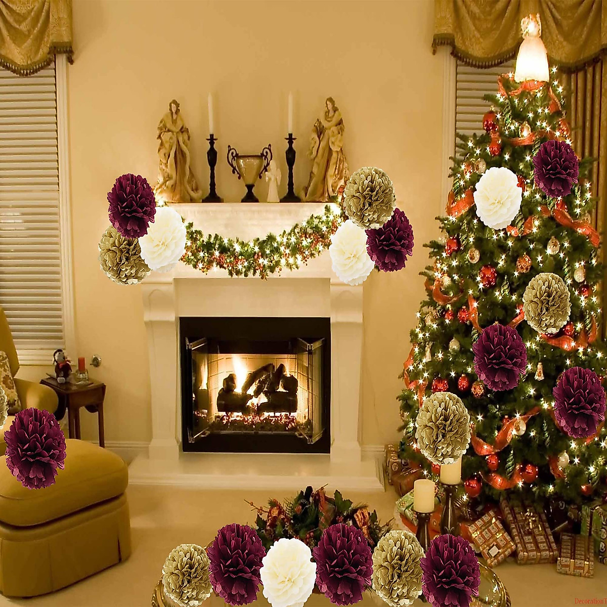 Decorations 2024 Maroon Graduation/Burgundy Gold Cream Birthday Decorations for Women 40th/50th Birthday 12pcs Tissue Paper Pom Poms Maroon Burgundy Gold Wedding/Bridal Shower Retirement Decorations