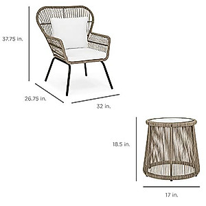 Best Choice Products 3-Piece Patio Conversation Bistro Set, Outdoor All-Weather Wicker Furniture for Porch, Backyard w/ 2 Wide Ergonomic Chairs, Cushions, Glass Top Side Table - Tan