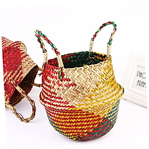 HOMSFOU storage bins foldable laundry basket rustic decor laundry basket foldable Seagrass Belly Basket Seagrass Belly Planter Basket rattan storage basket Wooden seaweed flowers baby