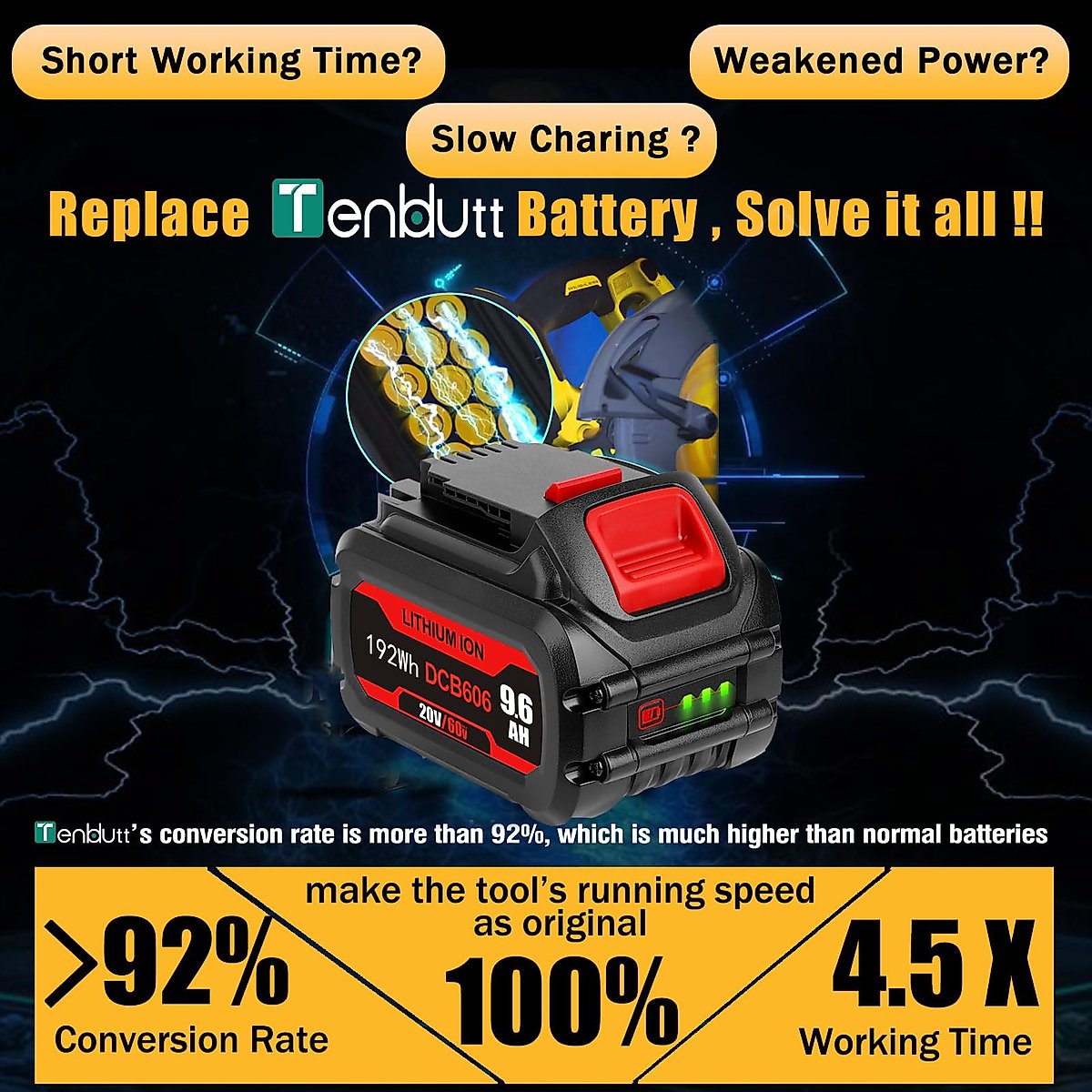 TenHutt 9.6Ah Replace Battery for Dewalt 60V Flexvolt Battery Max for 20V/60v Dewalt Cordless Power Tools DCB606 DCB612 DCB206 DCB204 Li-ion Battery High Capacity【3rd-Version】