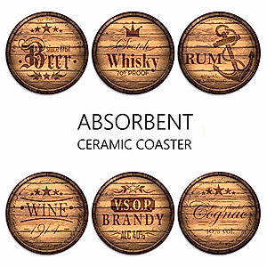 Britimes Set of 6 Coaster for Drinks Absorbent with Cork Base, Metal Holder, Round Wooden Stone Drink Mat for Coffee Wood Table, Gift for Birthday, Farmhouse Housewarming Room Bar Decor Retro 2