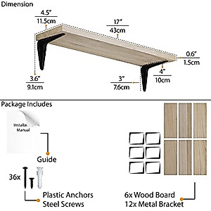 Wallniture Arras Floating Shelves for Living Room Decor, 17" Wall Bookshelf, Plant Shelf, Kitchen Organization and Storage Shelves for Bedroom Decor, Natural, Set of 6
