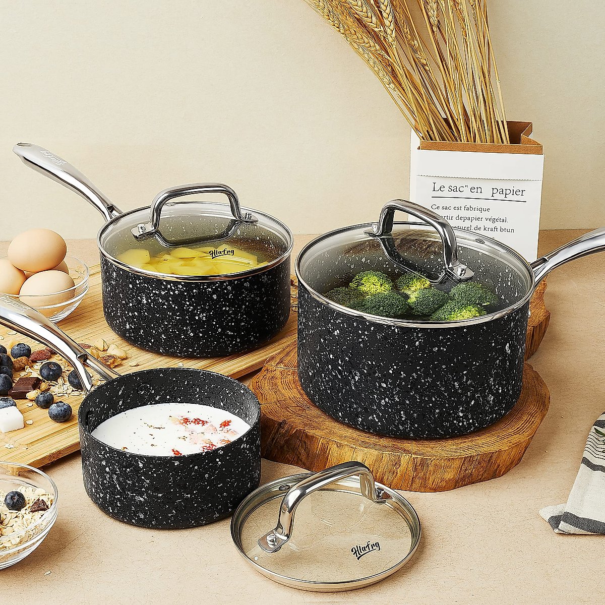 HLFRG Saucepan Set with Lid, Nonstick 2Qt & 3Qt Sauce Pan Set with Lid, Small Pot with Lid, Natural Granite Nonstick Saucepan Set, Small Sauce Pots, Black Pot Set - 2Qt & 3Qt