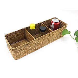 3-Section Larger Toilet Tank Topper Paper Basket,Hand-woven Seagrass Storage Rectangular Basket and Home Organizer Bins,Natural Water Hyacinth Basket (brown middle)
