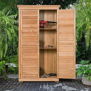 Goplus Outdoor Storage Cabinet, Wooden Garden Shed with Latch & Detachable Shelves & Pitch Roof, Vertical Organizer for Outside Yard Patio Deck