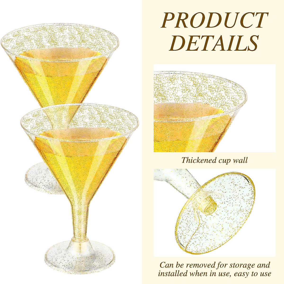 Sumind 100 Pcs Gold Glitter Martini Plastic Glasses 6.5 oz Disposable Cocktail Cups Stemmed Mini Margarita Glasses for Birthday Wedding Parties Wine Champagne Dessert Mousse Supply