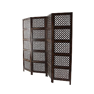 Deco 79 Wood Floral Handmade Hinged Foldable Partition 4 Panel Room Divider Screen with Intricately Carved Designs, 80" x 1" x 72", Brown