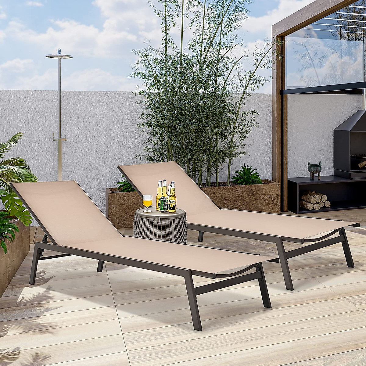 Tangkula Outdoor Chaise Lounge Chair, 6-Position Adjustable Reclining Chair with Breathable Fabric and Heavy Duty Steel Frame, Patio Lounge Chair for Garden, Backyard and Poolside (1, Brown)