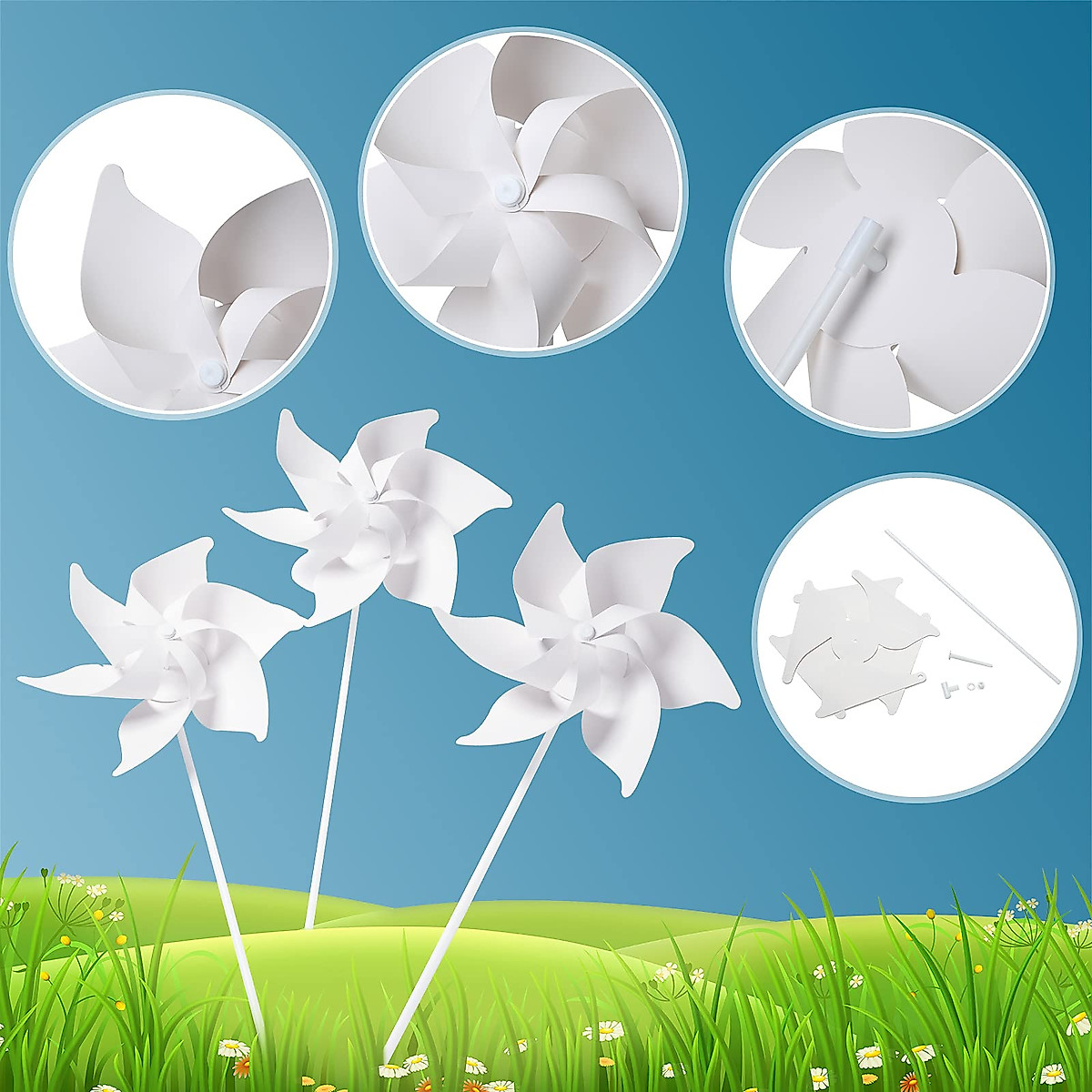 12 Pieces Novelty DIY Pinwheels Craft for Kids Color Your Own Pinwheels 4th of July Patriotic Pinwheels Crafts White Blank Pinwheels Summer Crafts for Classroom Art Daycare Project Activities