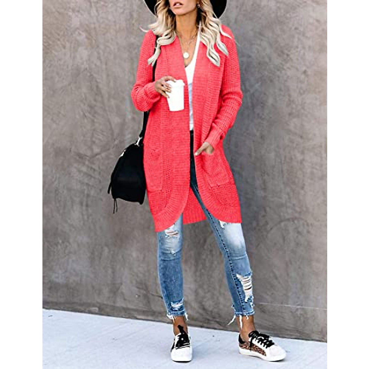 ZESICA Women's 2023 Fall Long Sleeve Open Front Cardigans Casual Lightweight Soft Chunky Knit Draped Sweaters Outerwears,Watermelon,Medium