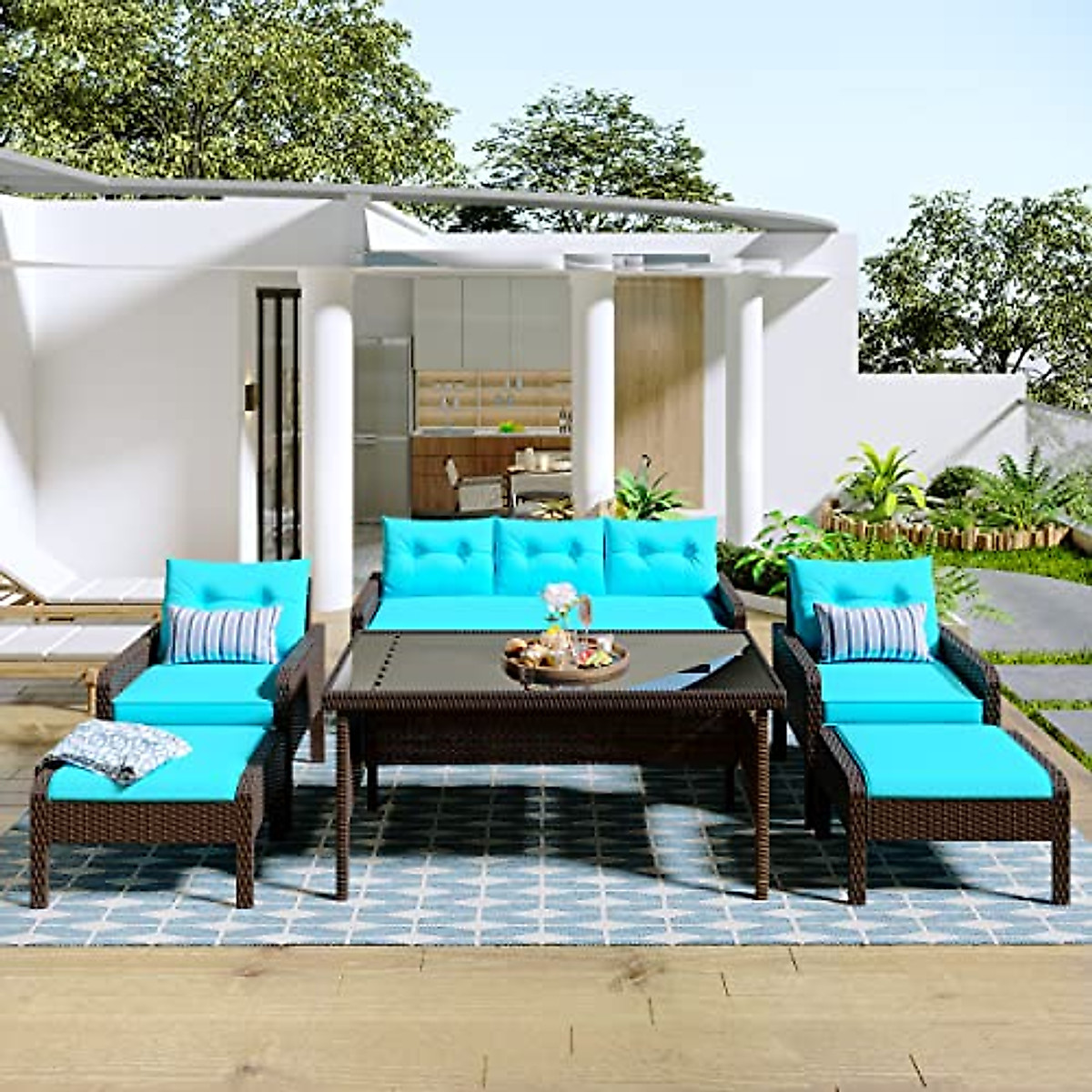 GODAFA 6-Piece Outdoor Patio Furnitures Set, PE Rattan Sofa with Removable Tempered Glass Tea Table for Backyard, Poolside, Deck, Blue, Brown Wicker,Light Coffee Cushion