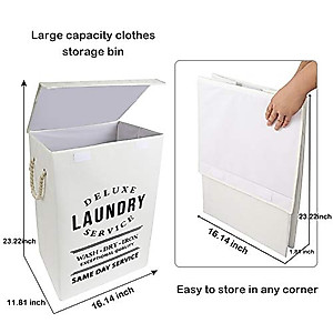 Laundry Hamper with Lid and Rope Handles,Foldable Hamper Easily Transport Laundry Basket,Linen Clothing Storage and Organization for Home Bedroom,Extra Large Capacity Toy Box,(Beige White)