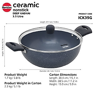 HAWKINS Ceramic Nonstick 3.5 Litre Deep Kadhai, Induction Deep Fry Pan with Glass Lid, Granite Kadai (ICK35G)