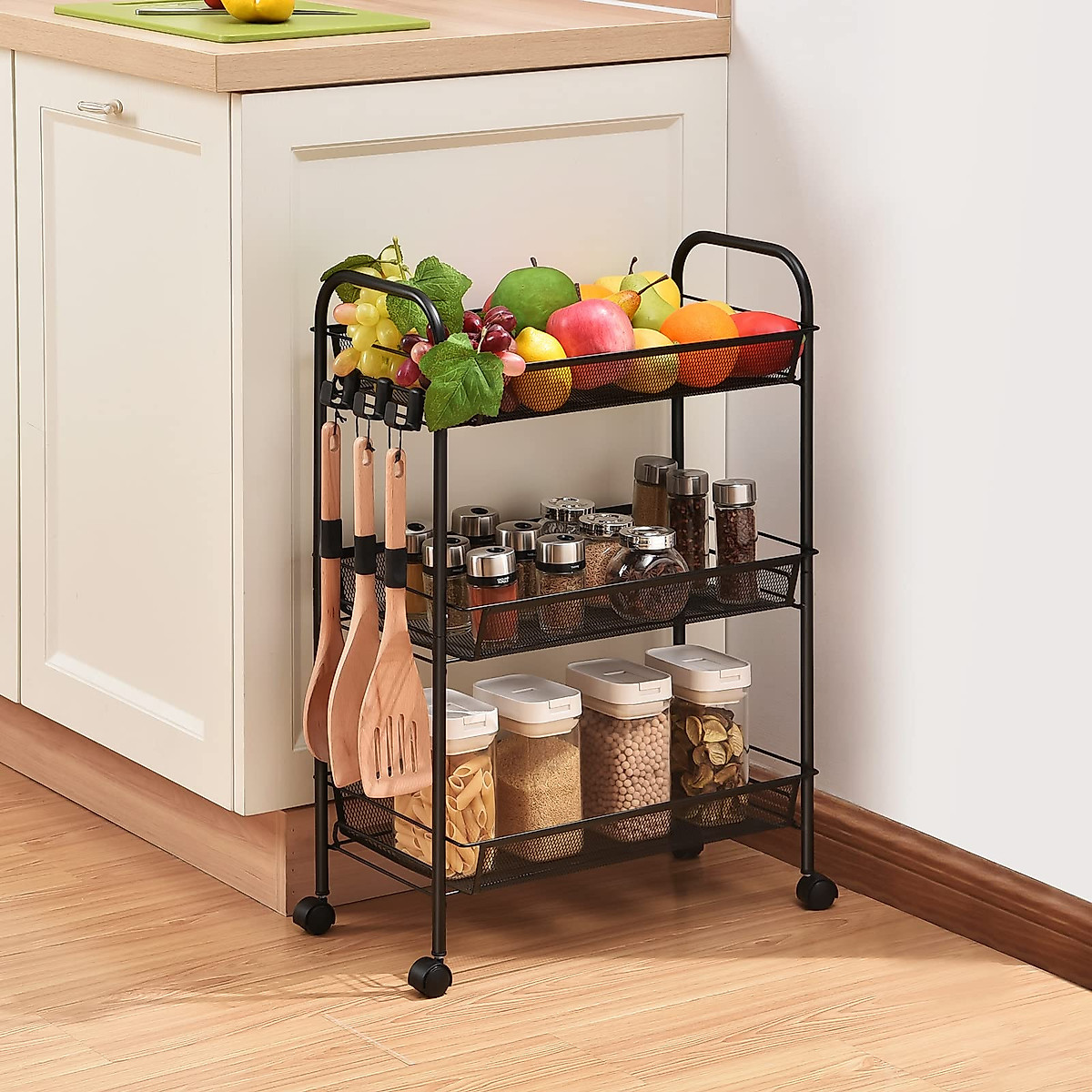 TOOLF 3-Tier Metal Rolling Cart, Mesh Wire Easy Assemble Utility Cart, Storage Trolley on Wheels with 3 Hooks, MetalStorage Shelving Units for Kitchen Bathroom Laundry Room