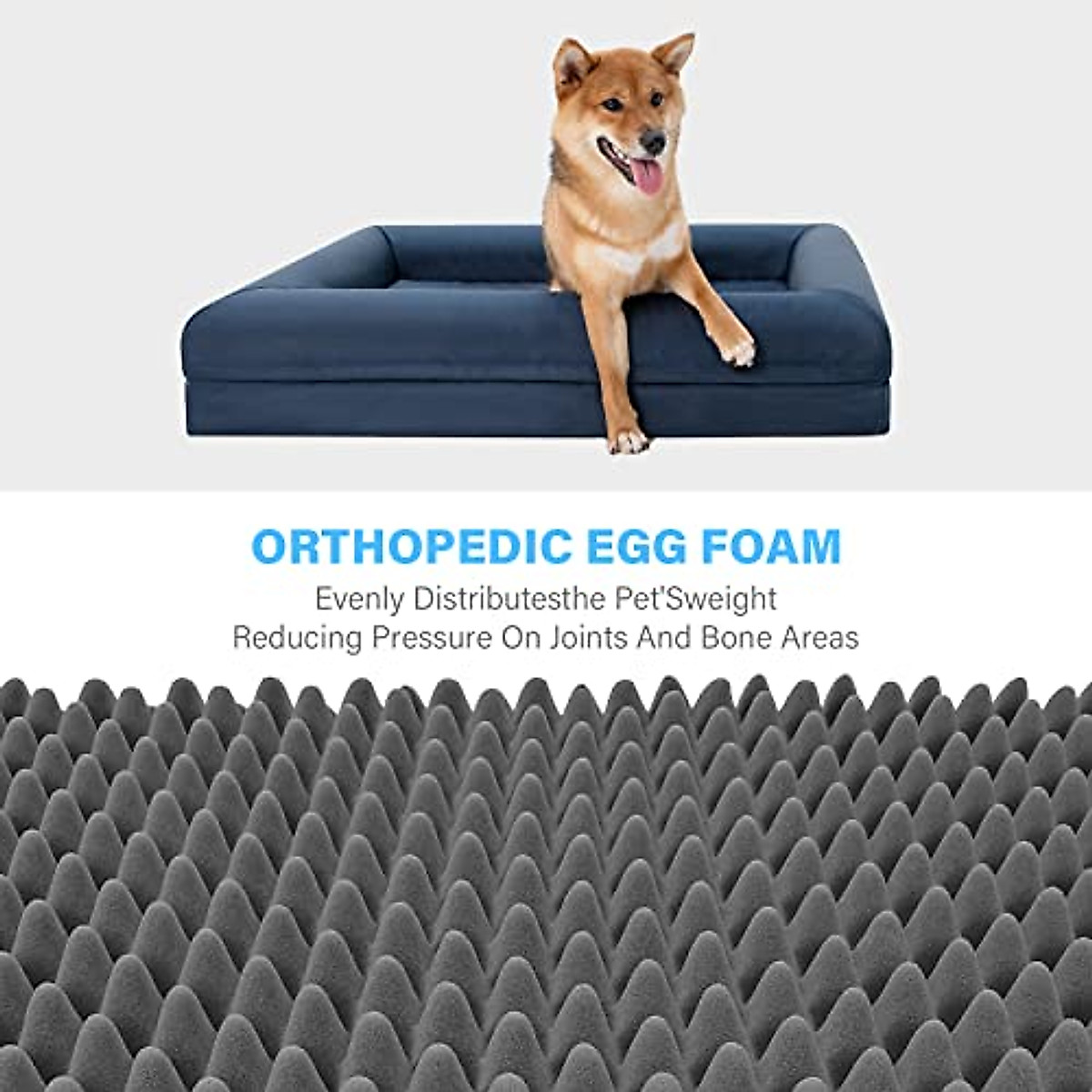 Hygge Hush 100% Waterproof Dog Bed, Washable Dog Bed with Removable Cover and Bolster, Orthopedic Dog Bed with Nonskid Bottom(Navy Blue,36"x27")