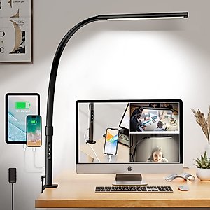 Desk Lamp for Home Office, Eye-Caring LED Desk Lamp with USB C+A Charging Port, Architect Desk Light 5 Lighting 5 Brightness, Flexible Gooseneck Clamp for Reading Study
