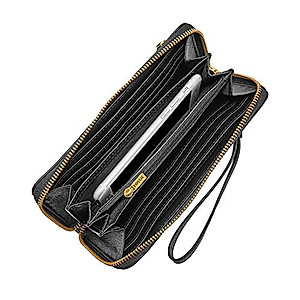 Fossil Women's Maya Leather Small Hobo Handbag, Black with Women's Logan Faux Leather RFID Zip Around Clutch Wallet, Black